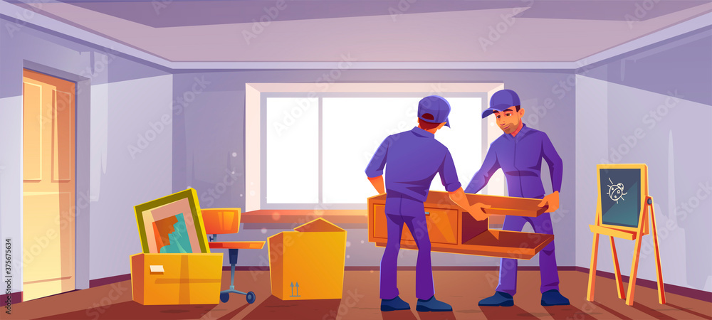 Move to new house concept. Loaders bringing furniture and boxes in room ...