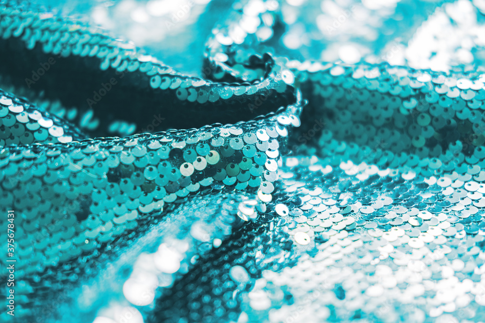 AI aqua blue trendy color of year 2021 sequin fabric texture. Shiny ...