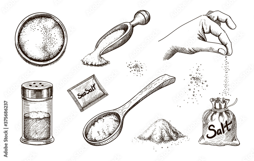 Collection of hand drawn sea salt. Salting crystals. Glass bottles and ...