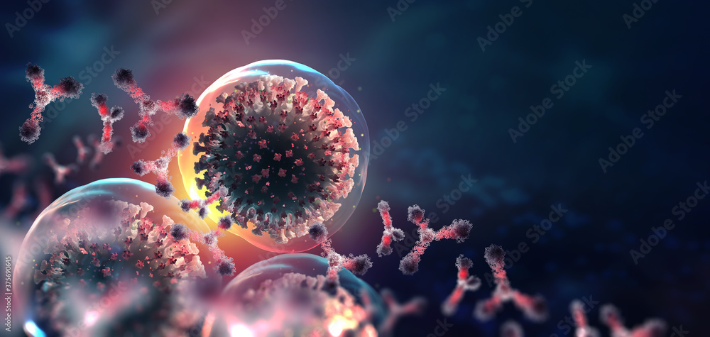 Virus under microscope. Antibodies and viral infection. Immune defense ...