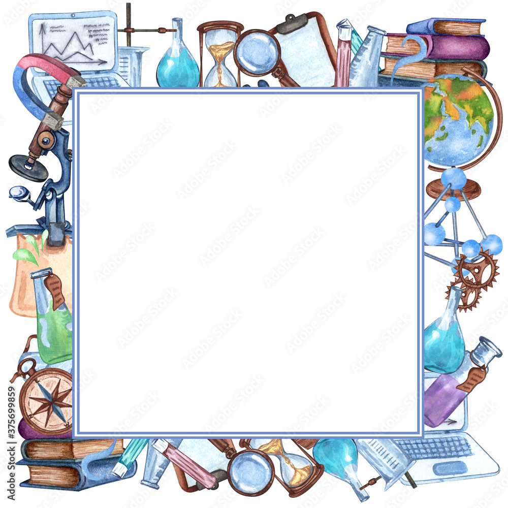 Watercolor science frame of laboratpry equipment, microscope ...
