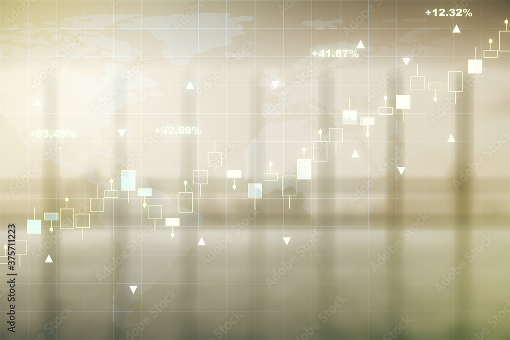 Abstract creative financial graph and world map on modern interior ...