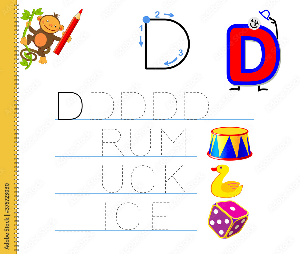 Learn to trace letter D. Study English words. Worksheet for children ...