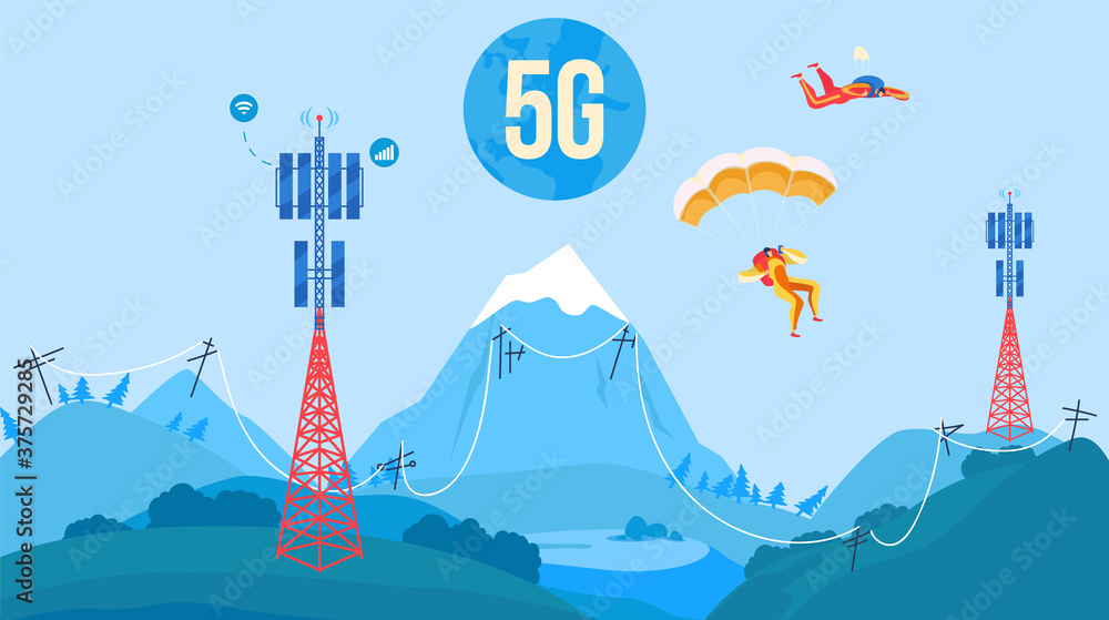 5G antenna tower communication vector illustration. Cartoon flat nature ...