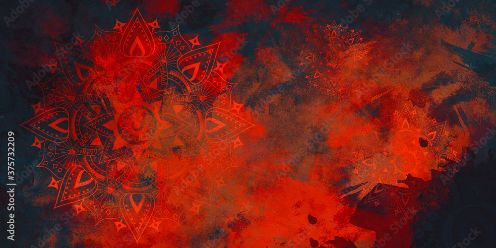 Red grunge luxury mandala colorful vintage art, ancient Indian vedic ...