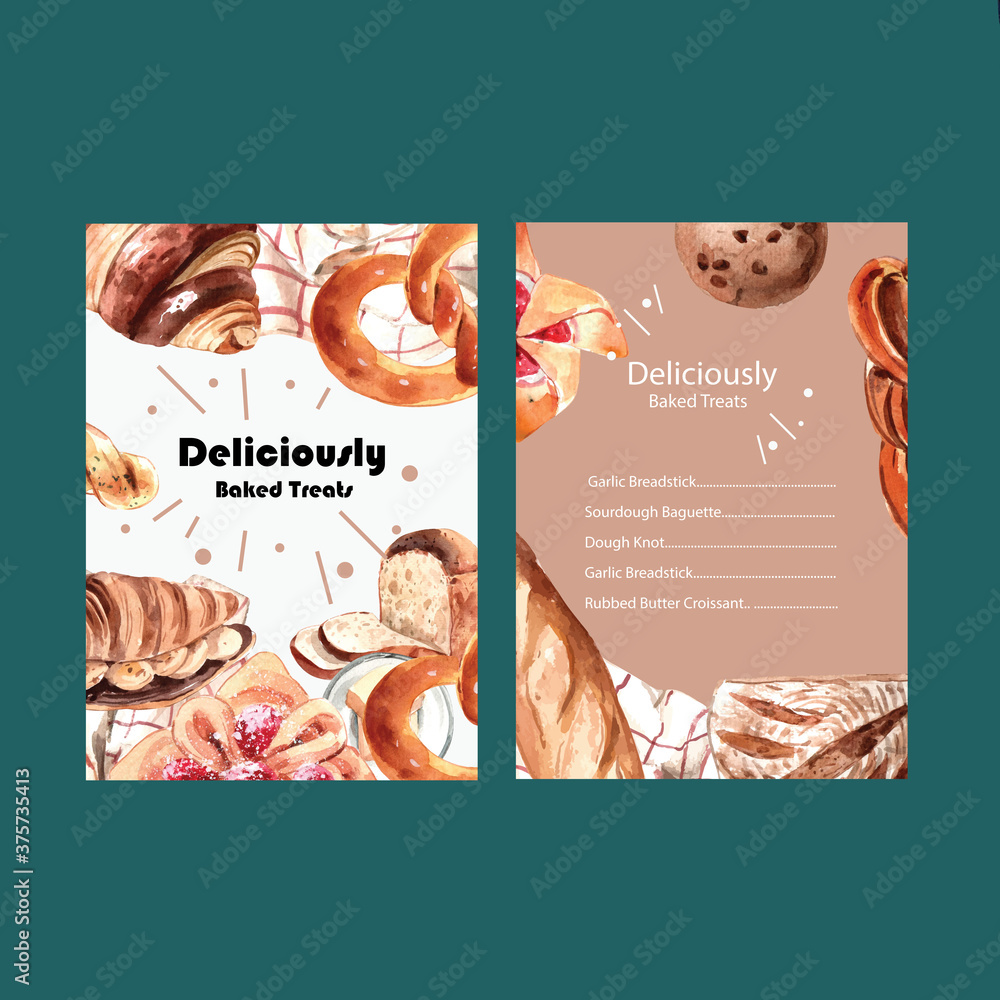 Menu of bakery template design for restaurant and food shop watercolor ...