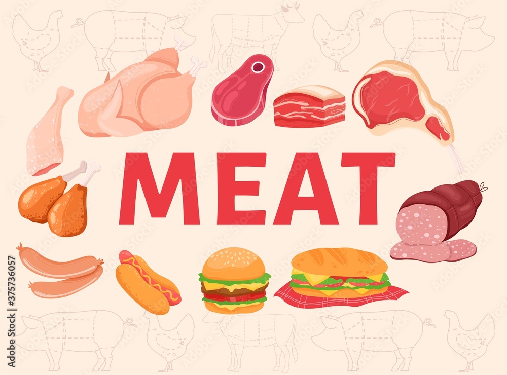 Meat word vector illustration. Cartoon various raw or yummy cooked meat ...