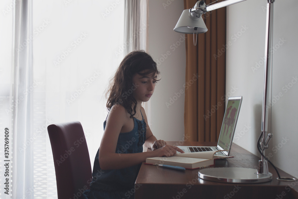 Girl studying at her desk in front of laptop reading her notes Stock ...