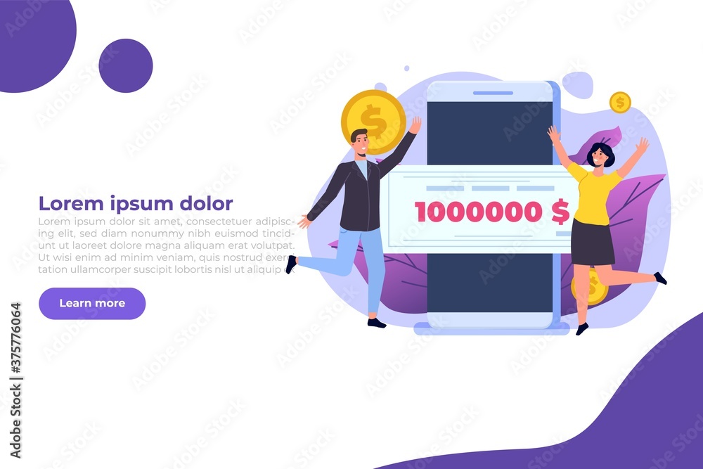 Character holding money prize, bank check for a million dollars ...