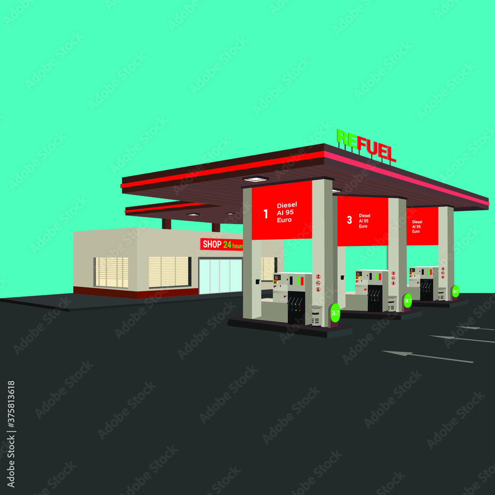 Isometric 3D Petrol station building with 24 hours shop. Vector Design ...