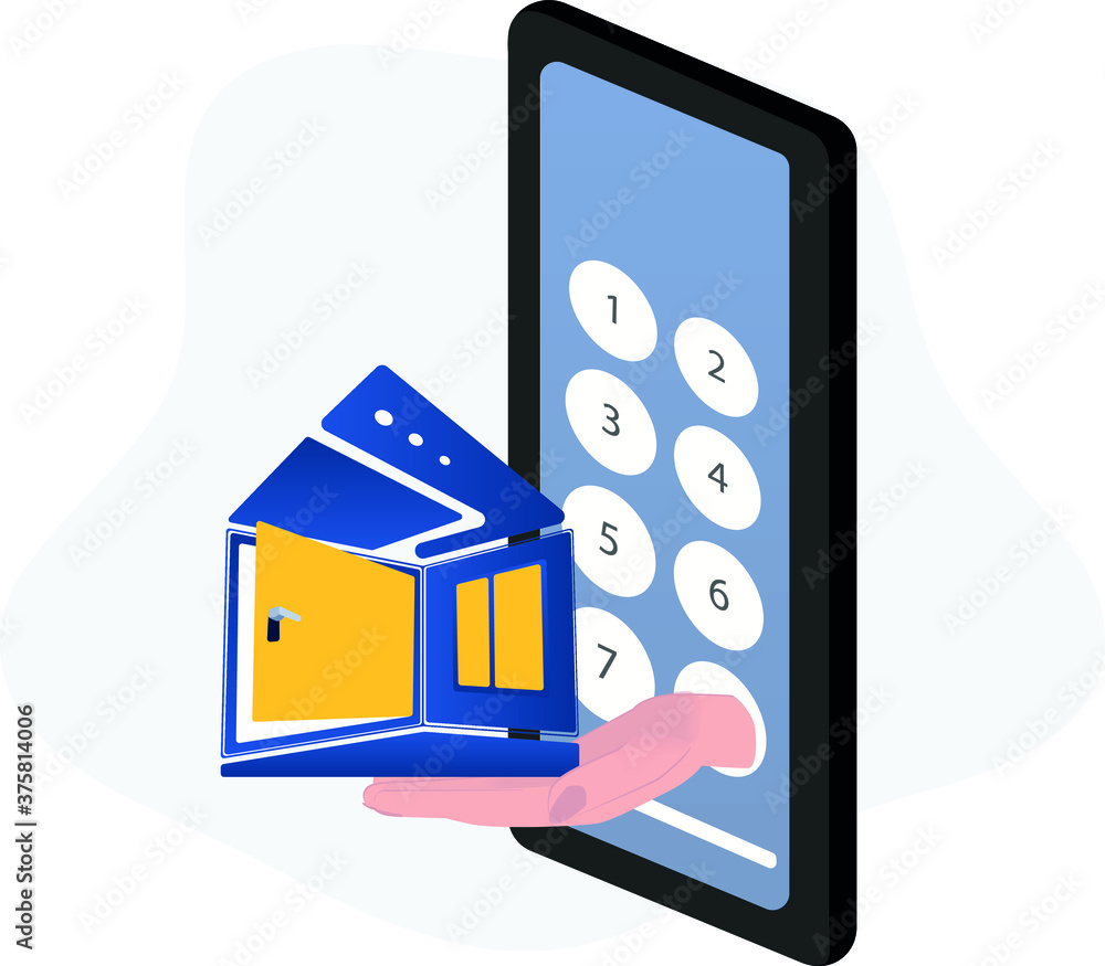 vector illustrations big mobile phone with blue house with a yellow ...