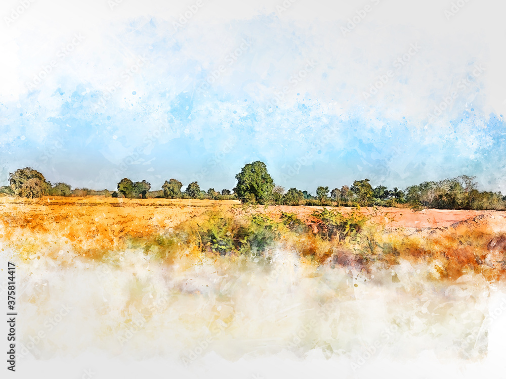 Abstract colorful tree and field landscape on watercolor illustration ...