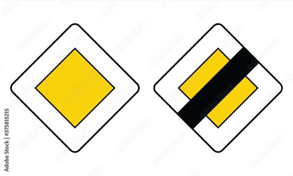 Priority road and end of priority road traffic signs. Vector ...