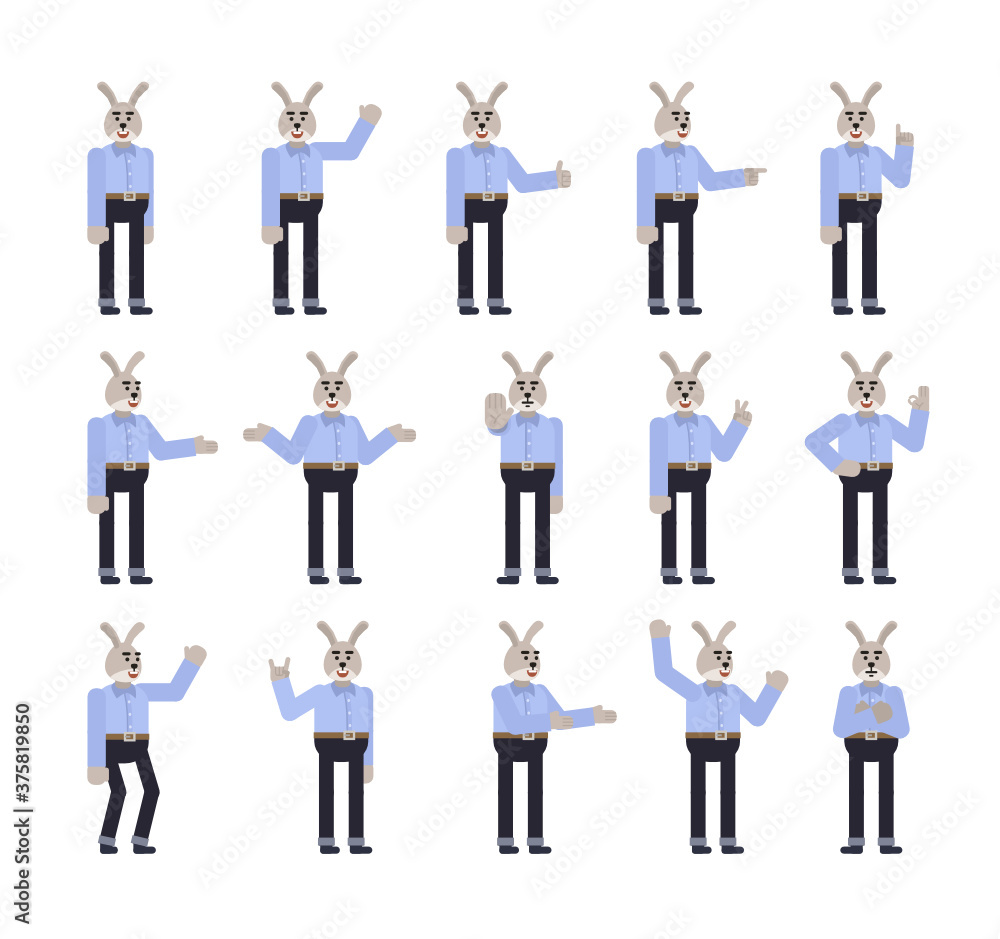Set of rabbit characters showing various hand gestures. Cheerful rabbit ...