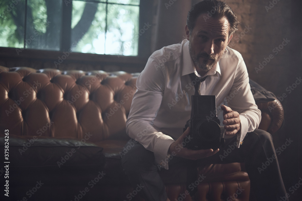 cinematic photo shoot of the confident actor celebrity look in foggy ...