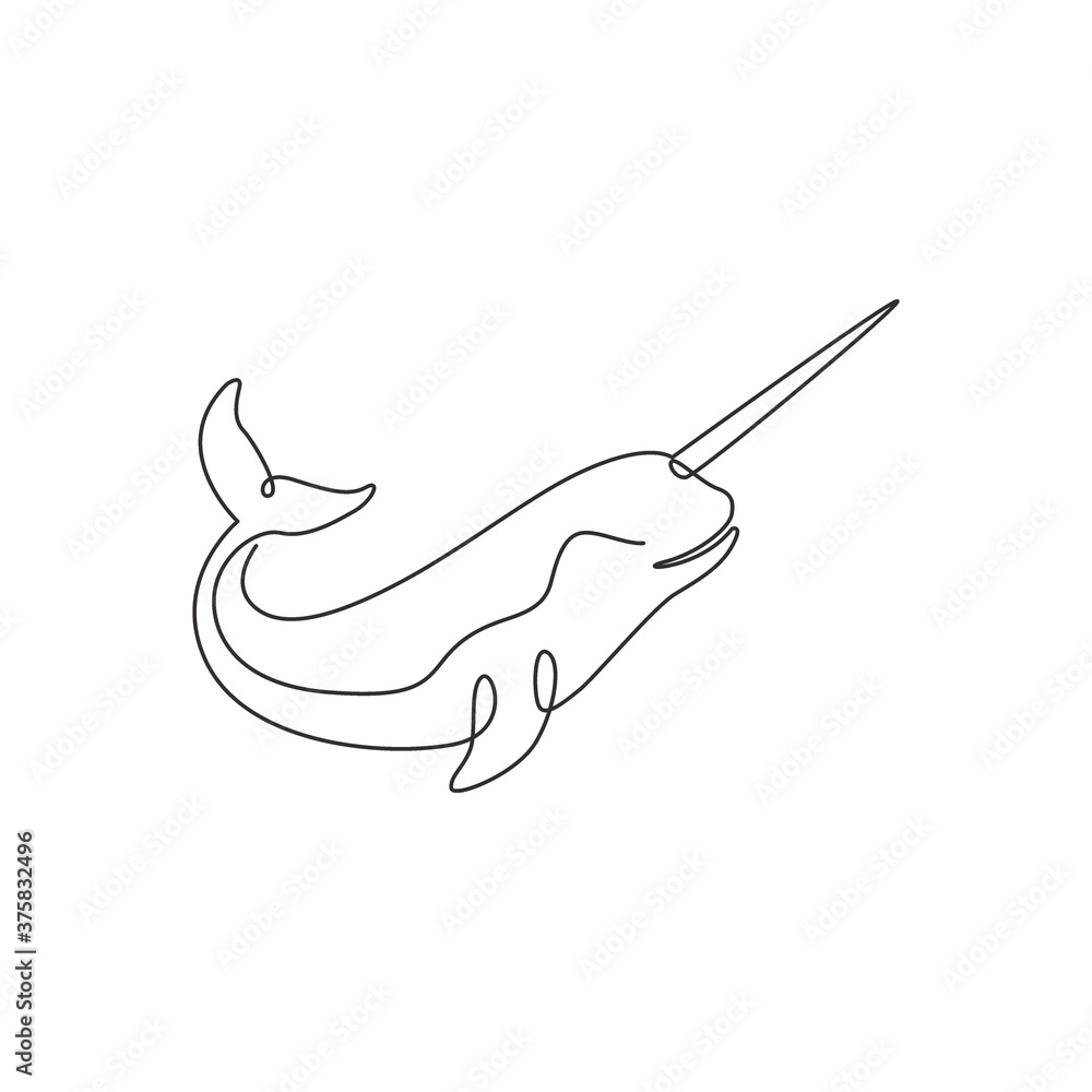 One continuous line drawing of cute narwhal with tusk for marine ...