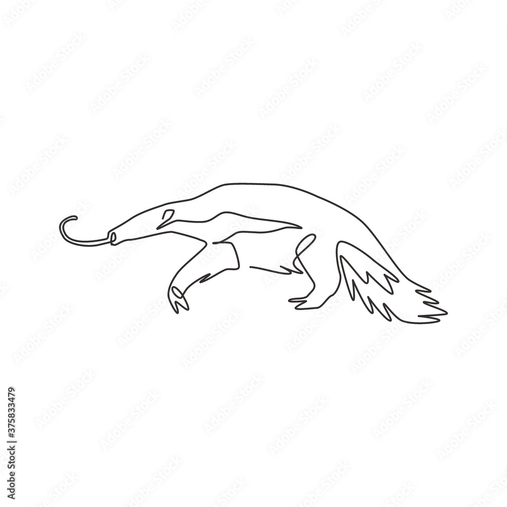 One single line drawing of big anteater for logo identity. Worm tongue ...