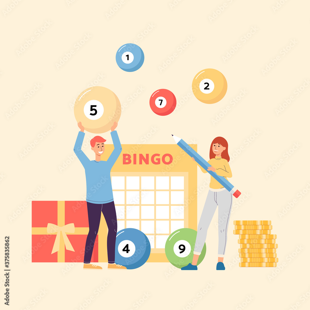 Bingo lottery banner with tickets and prizes, flat cartoon vector ...