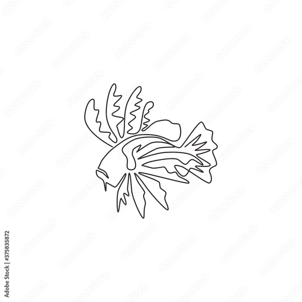 One continuous line drawing of scary lionfish for company logo identity ...