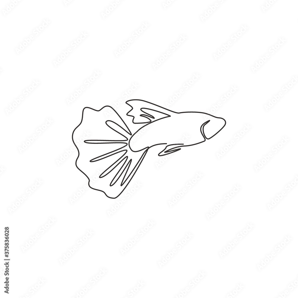 Single continuous line drawing of beauty guppy fish for aquarium logo ...
