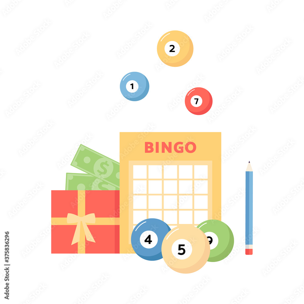 Bingo game card, balls and prize money concept isolated on white ...