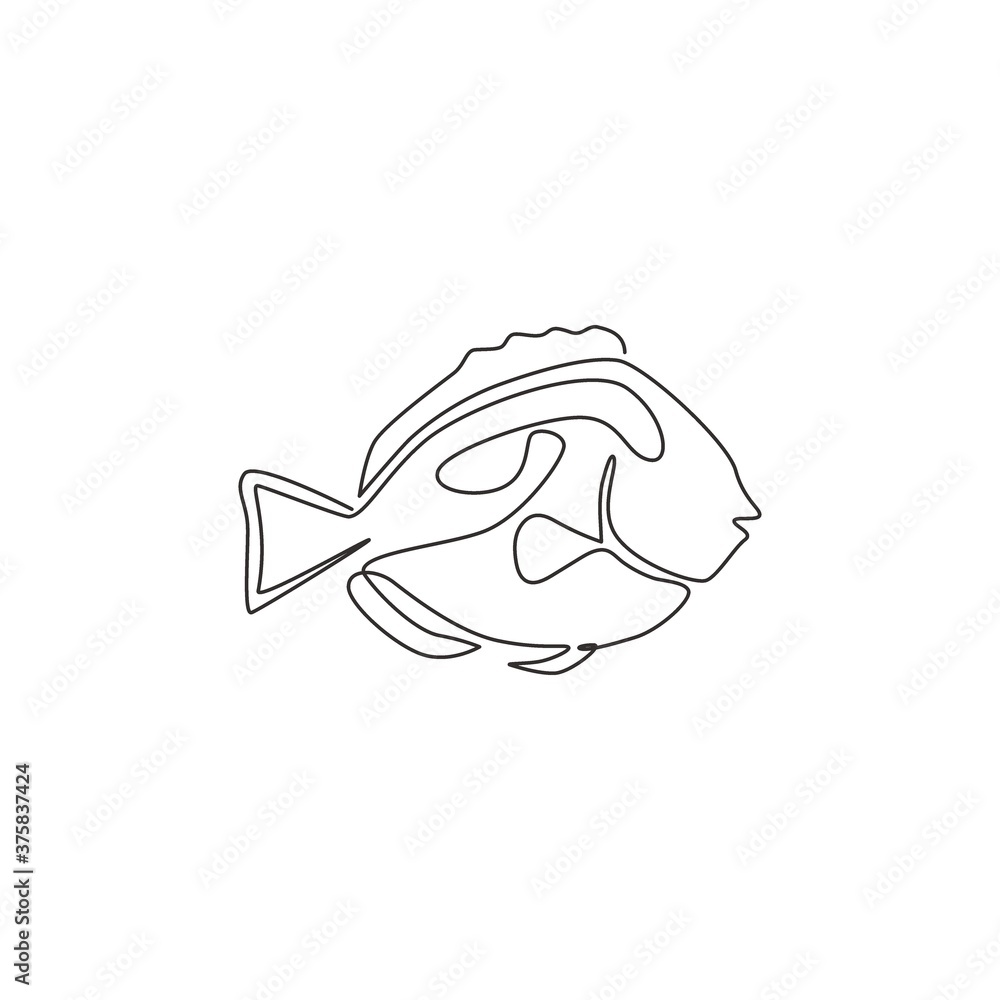 Single one line drawing of funny blue tang fish for aquatic company ...