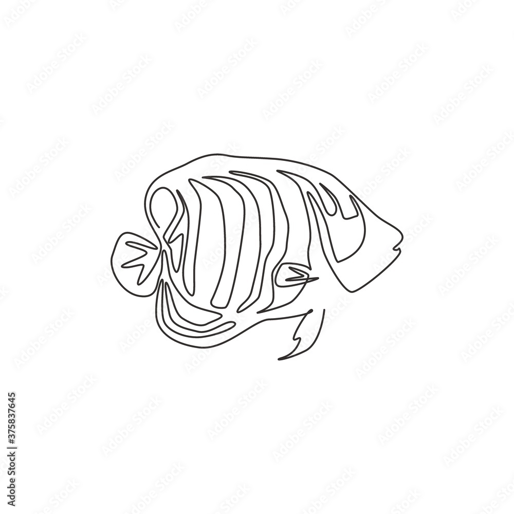 Single one line drawing of funny regal angelfish for company logo ...