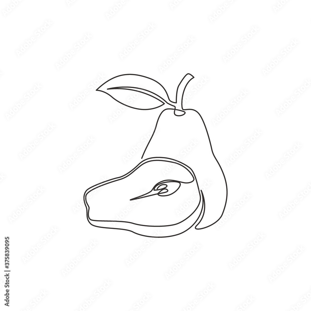One continuous line drawing of sliced and whole healthy pear organic ...