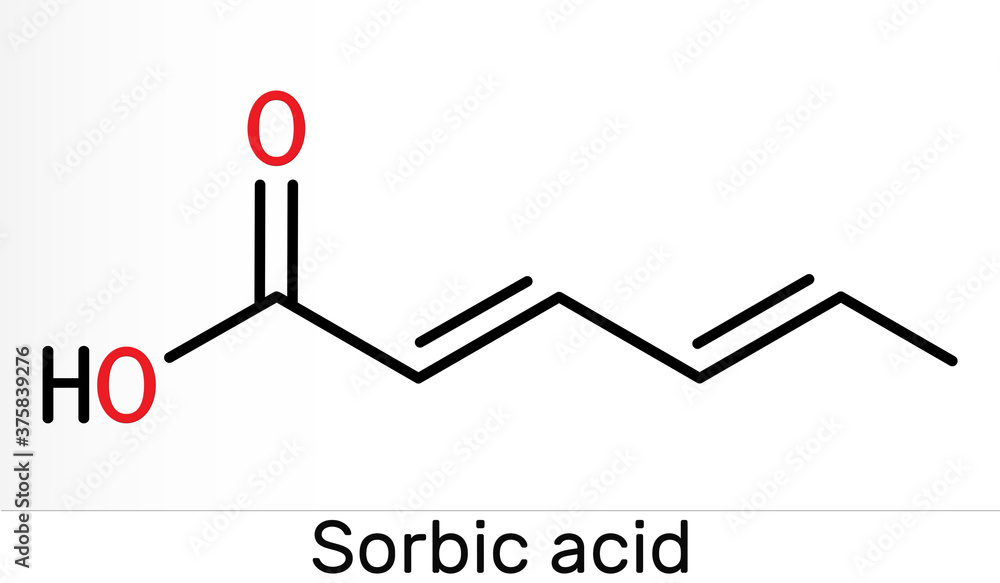 Ilustrace „Sorbic acid, 2,4-hexadienoic acid, E200 molecule. It is ...