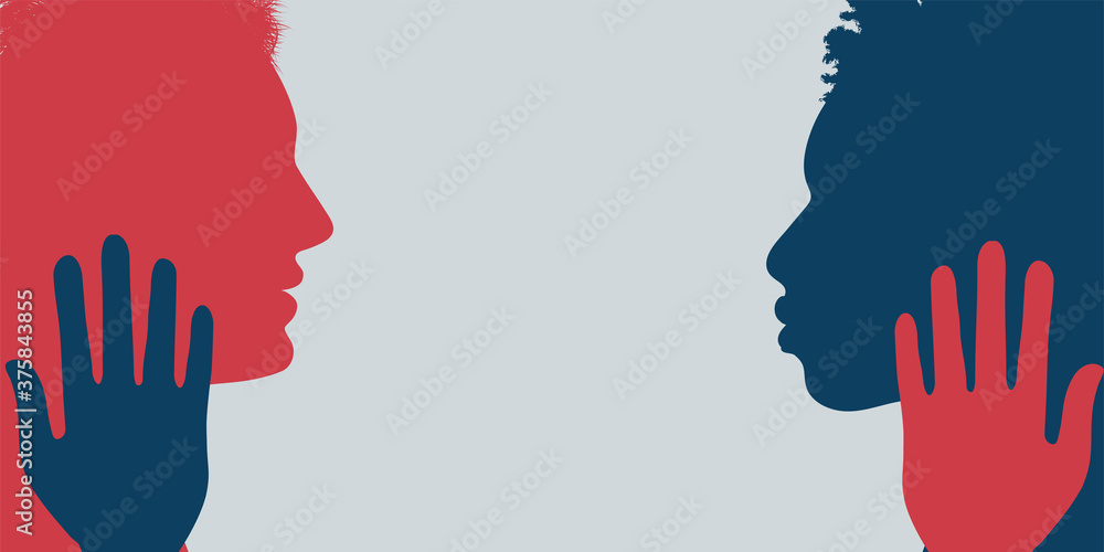 Banner of two multiethnic people silhouette in profile. Concept of ...