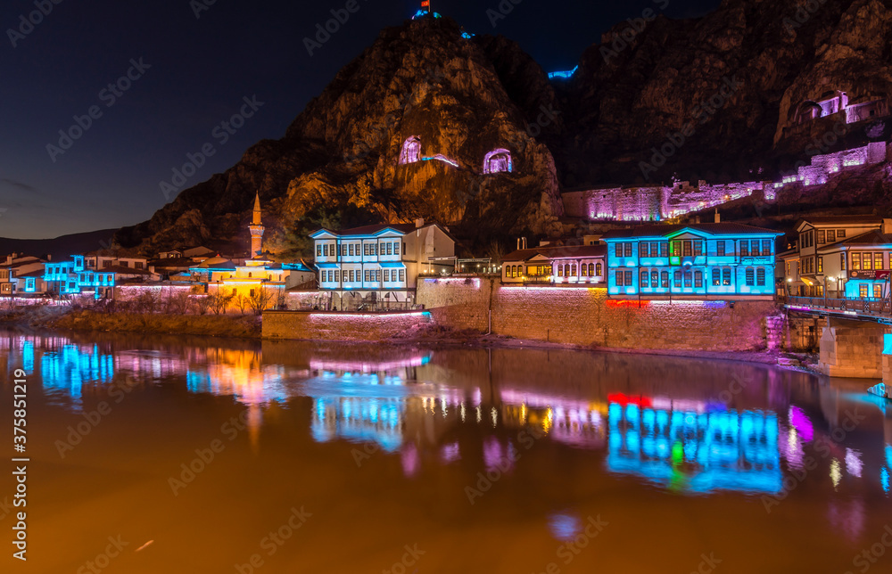 Old Ottoman houses night panoramic view by the Yesilirmak River in ...