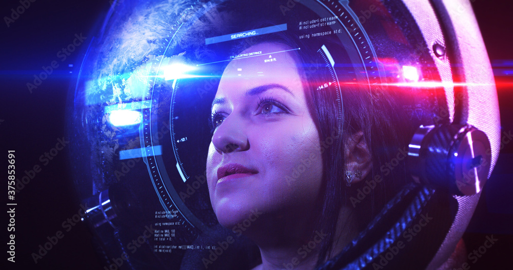 Portrait Shot Of The Young Smiling Female Astronaut In Space Helmet ...