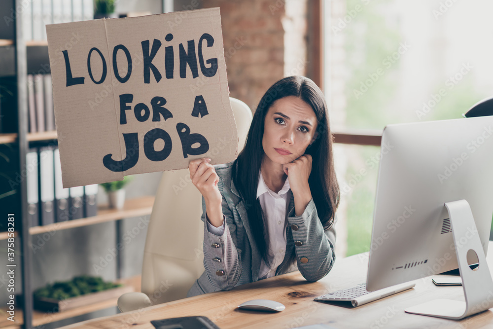 Photo of sad frustrated upset girl marketer financier agent sit desk ...