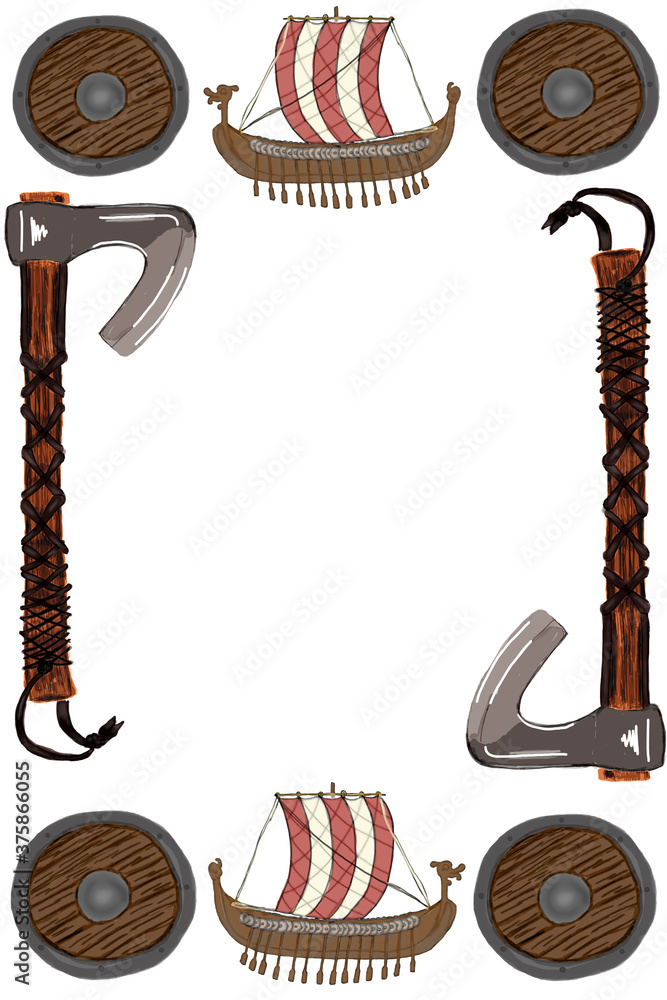 Viking warrior frame from Drakkar ship, warrior axe, warrior shield ...