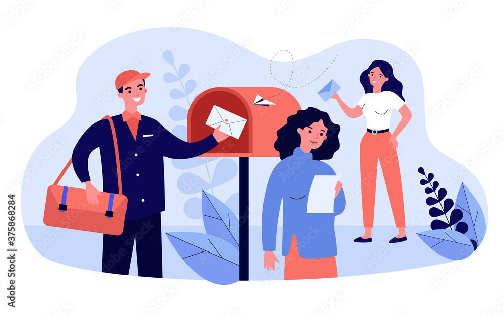 People receiving and reading marketing newsletter. Postman placing ...