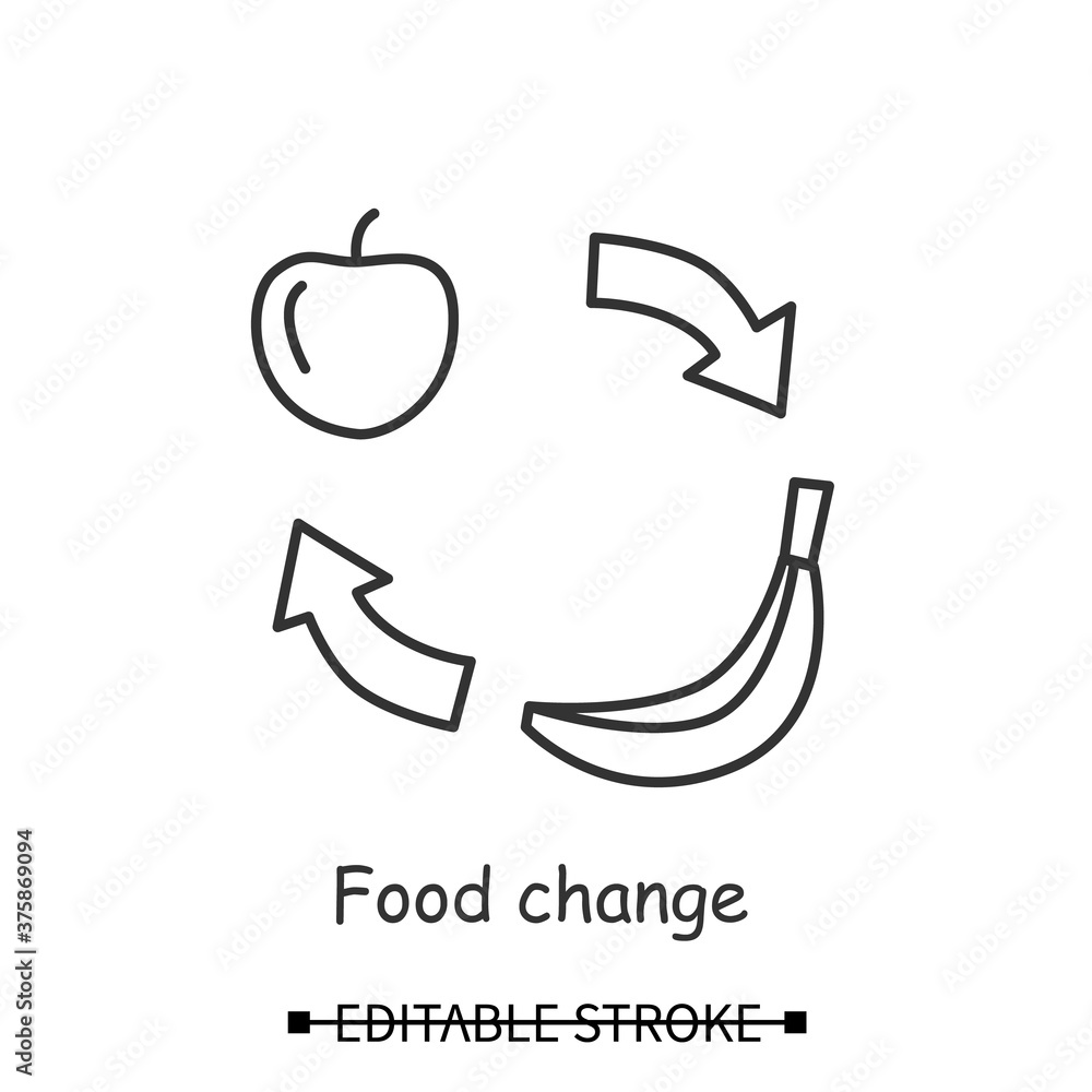 Food change icon. Apple and banana with cycle arrows line pictogram ...