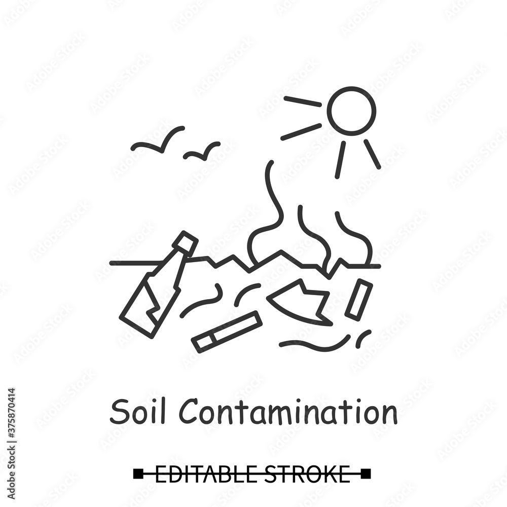 Soil pollution icon. Burried toxic plastic contaminating ground line ...