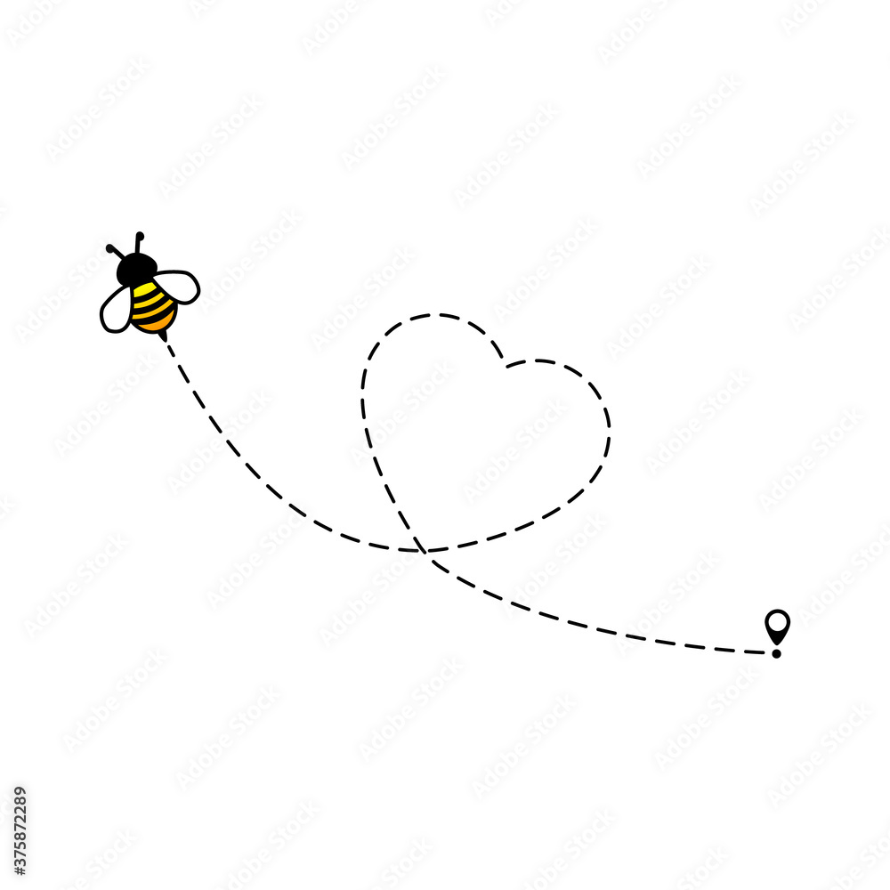Cute bee flying icon. Heart dotted lines path with start point and dash ...