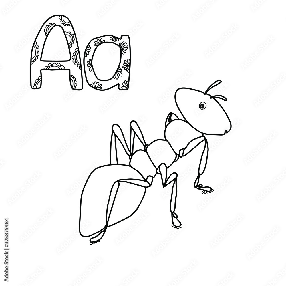 Letter A - ant English ABC with cute animals, coloring page for kids ...