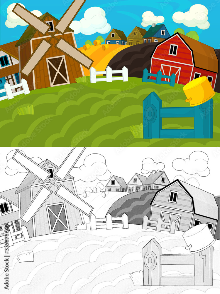 cartoon ranch farm scene with sketch illustration Stock Illustration ...