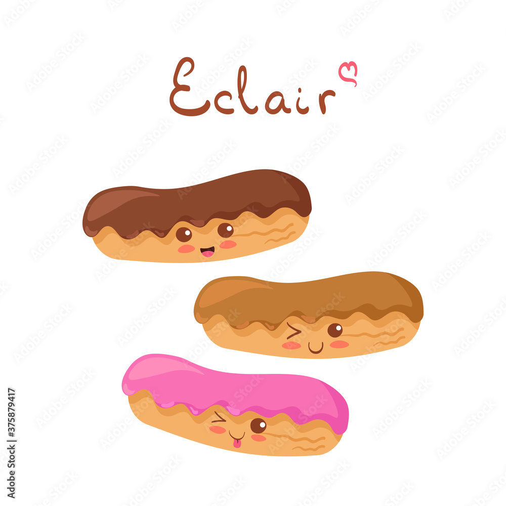 Vecteur Stock Kawaii Eclairs vector characters isolated on white ...