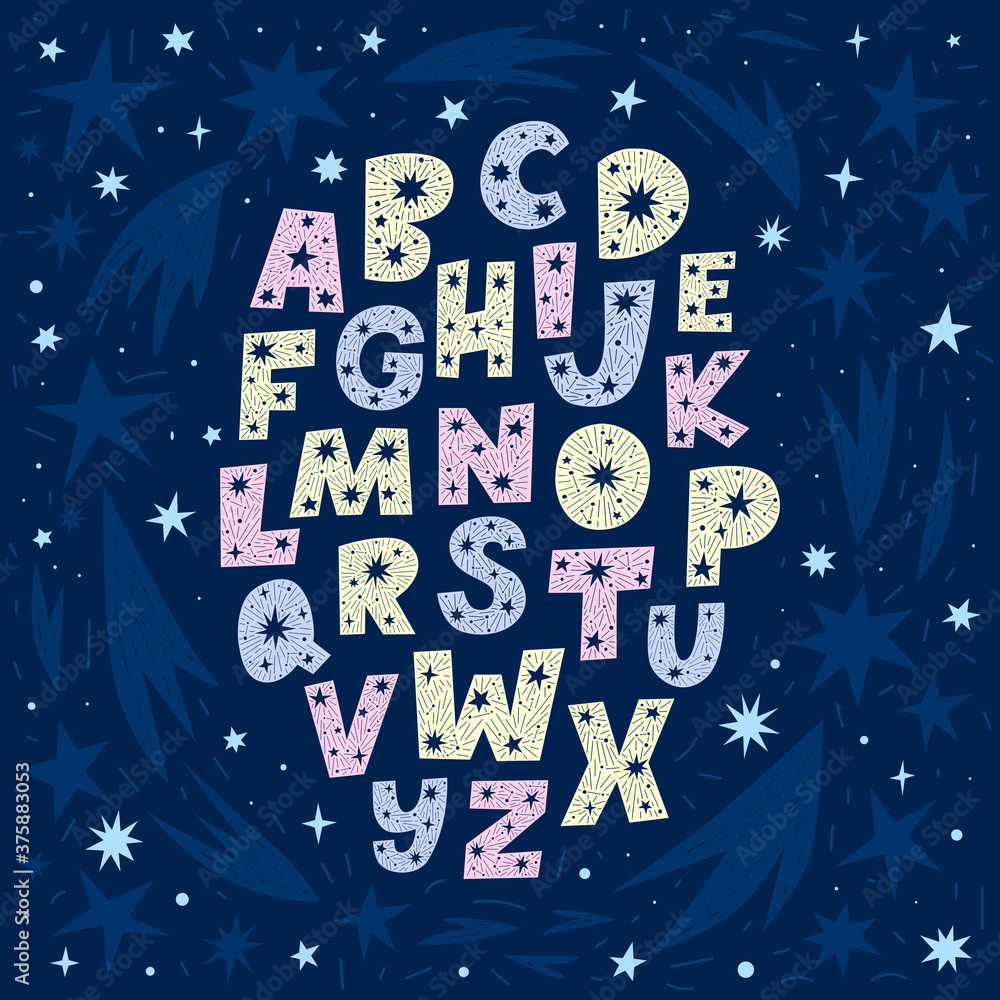 Cute hand drawn decorative alphabet on midnight blue sky, with stars ...