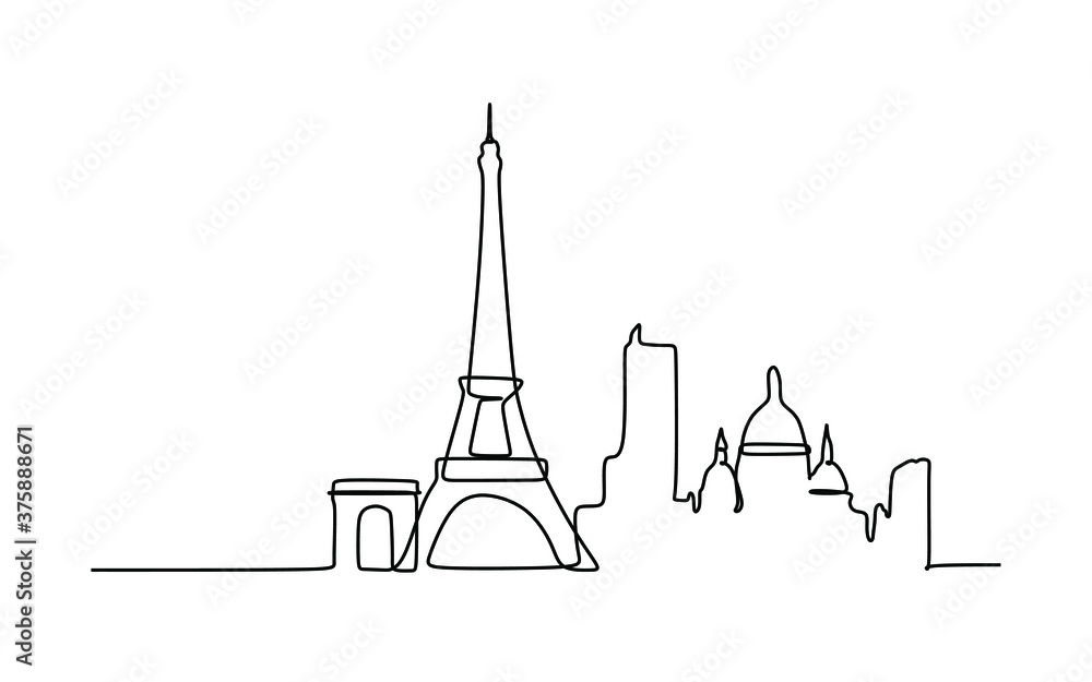 Paris Skyline - Continuous One Line Drawing - Vector Illustration Stock ...