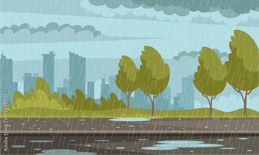 Rainy weather urban background. Outdoor street in rain, pavement in ...