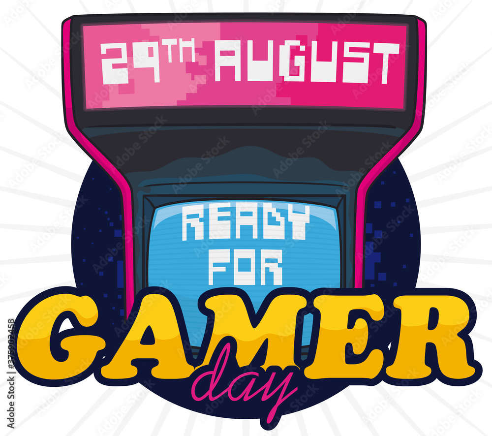 Arcade Machine with Retro Sign Celebrating Gamer Day in August, Vector ...
