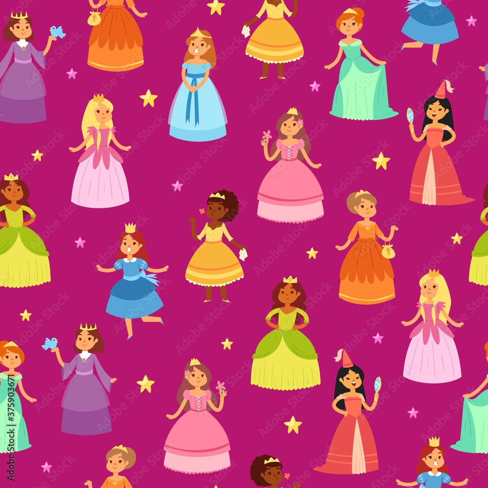 Princess child seamless pattern vector illustration. Cartoon flat cute ...