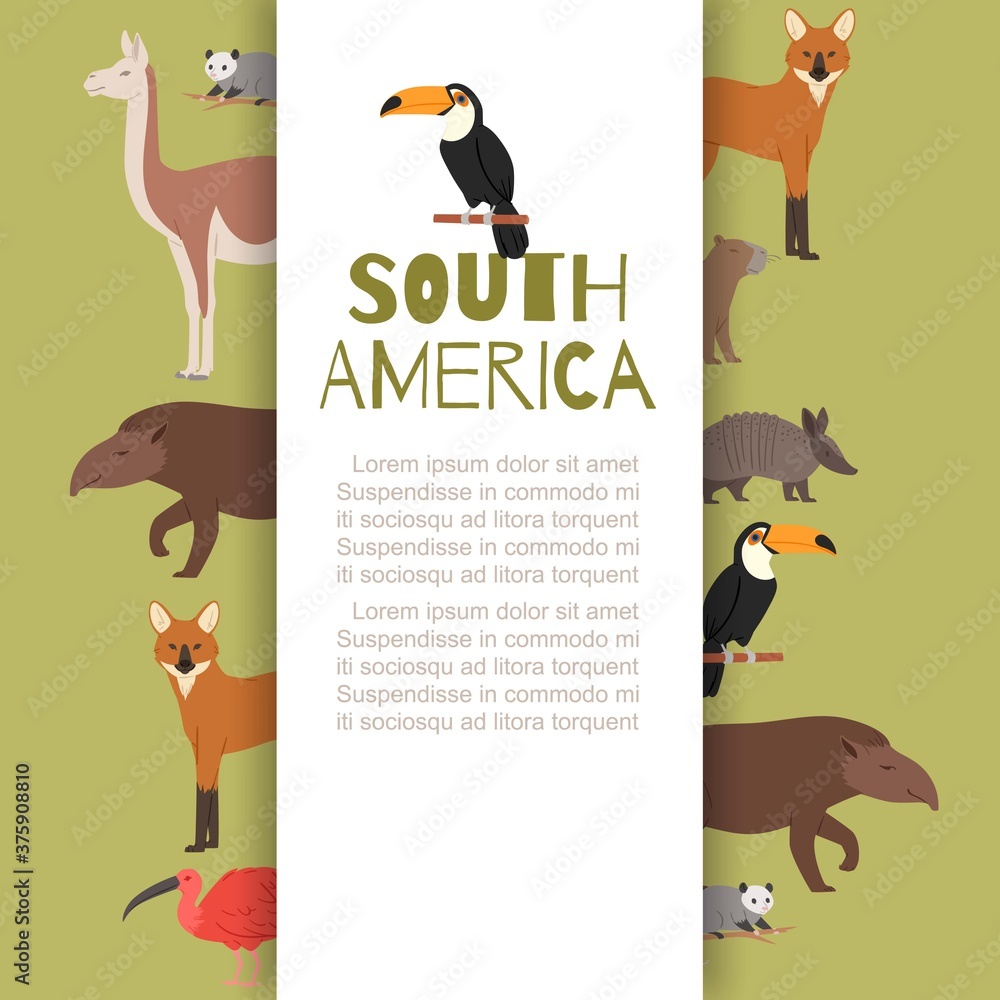South america, banner inscription, animals background information, cute ...