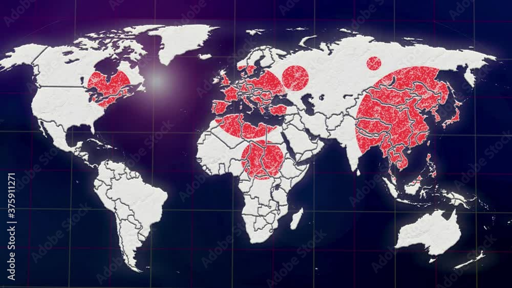World Map of Corona virus. Red growing dots on the map follows the ...