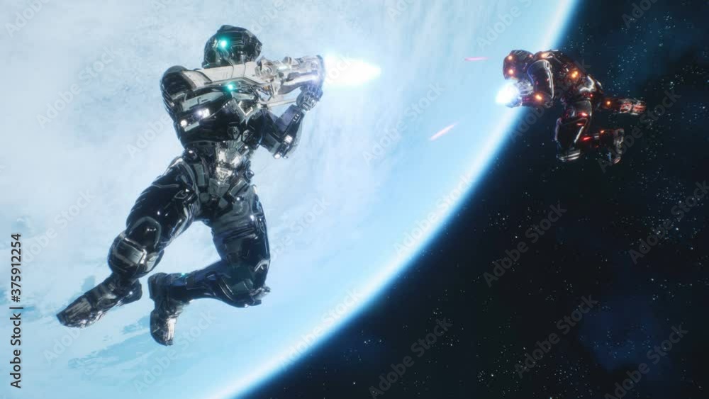 Battle of soldiers of the future in open space near the blue planet ...
