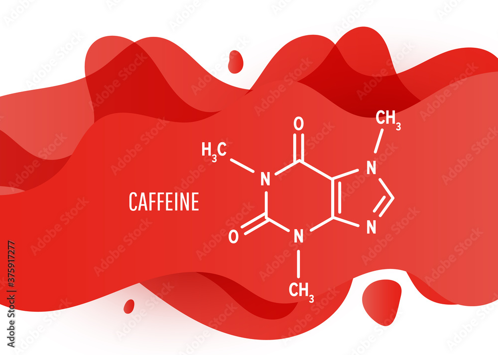 Structural chemical formula of caffeine with red liquid fluid gradient ...